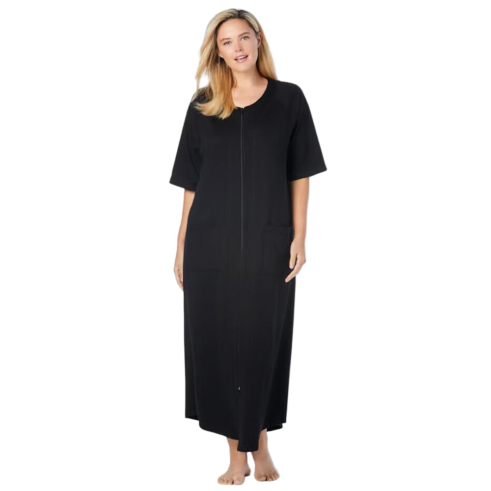 Black Long French Terry Zip-Front Robe – Lightweight Everyday Comfort ...