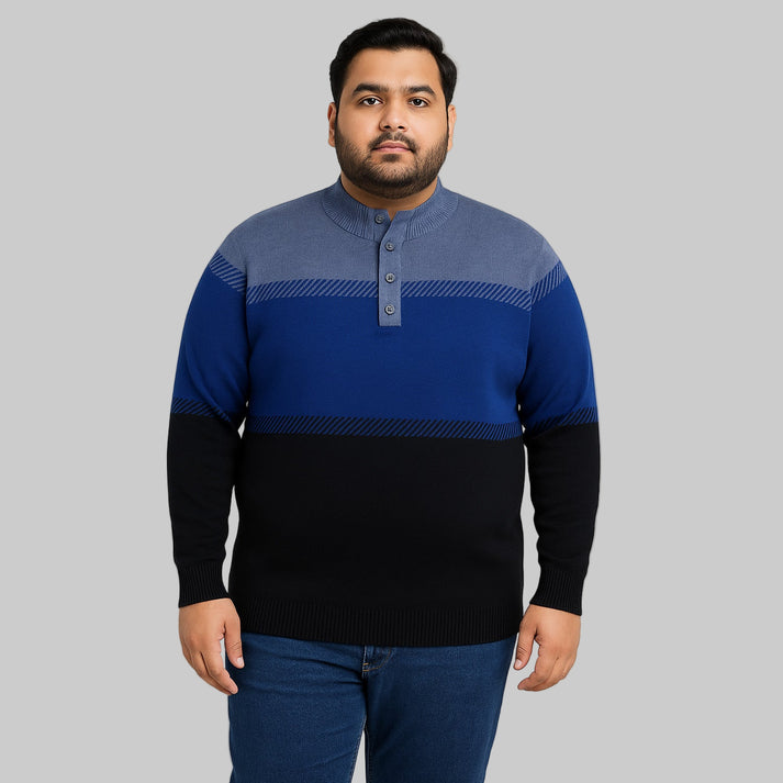 Blue Tri-Color Mock Neck Henley Sweater | Plus Size Men