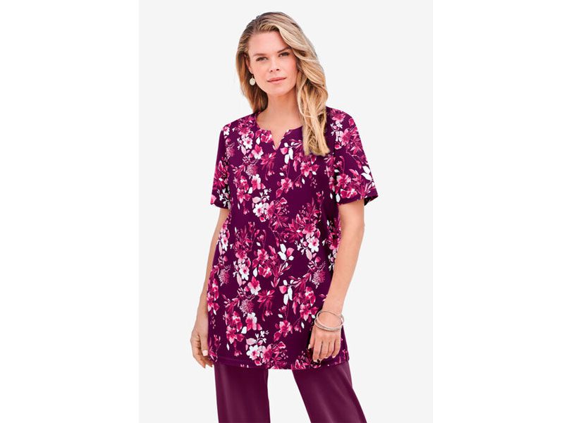 Dark Berry Painterly Bouquet Print Notch-Neck Soft Knit Tunic PSW-7208 ...