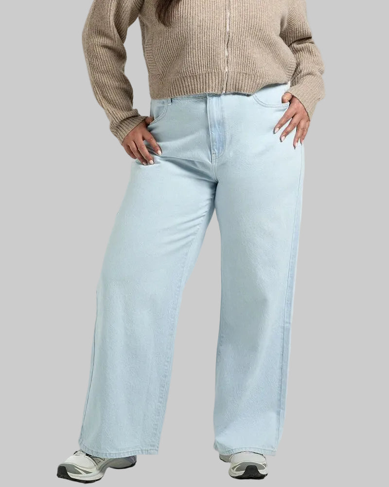 Plus Size Fit Wide Leg Light Blue Denim Jeans for Women